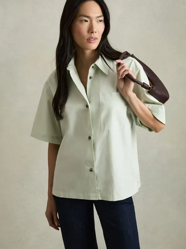 REISS Cotton Short Sleeve Shirt With Tortoiseshell-effect Buttons