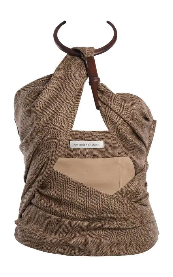 Christopher Esber Wood-detailed Draped Wool Herringbone Top