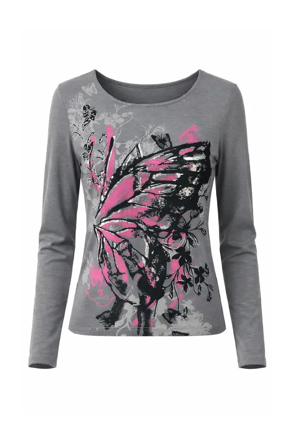 CONQUISTA Artistic Butterfly Print Long-sleeve Top