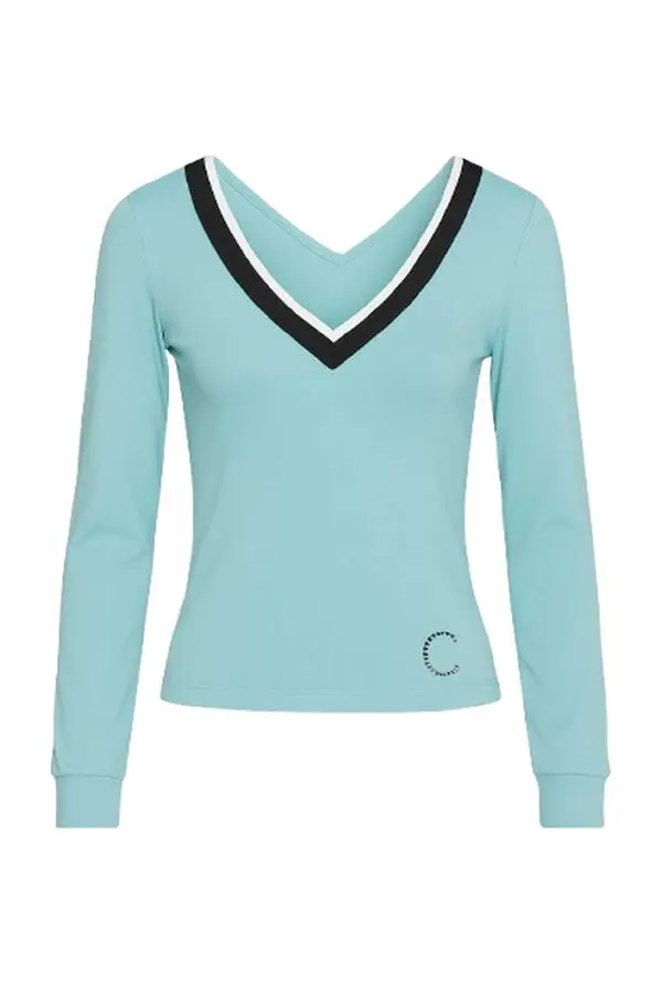 CONQUISTA Aqua V-neck Long Sleeve Top With Contrast Trim