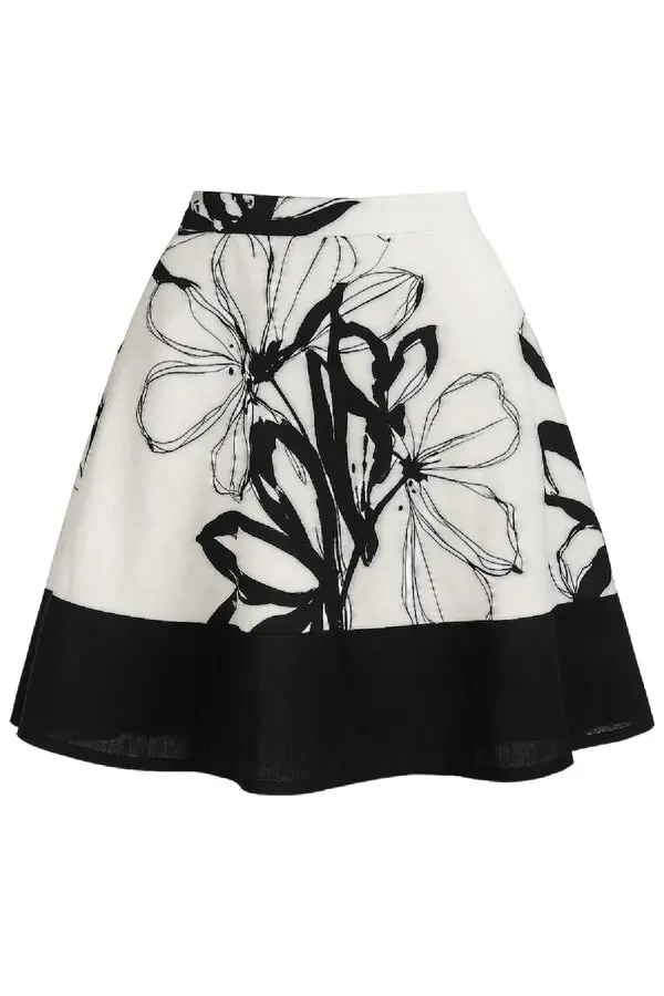 CONQUISTA A-line Floral Sketch Skirt With Contrast Hem - Black