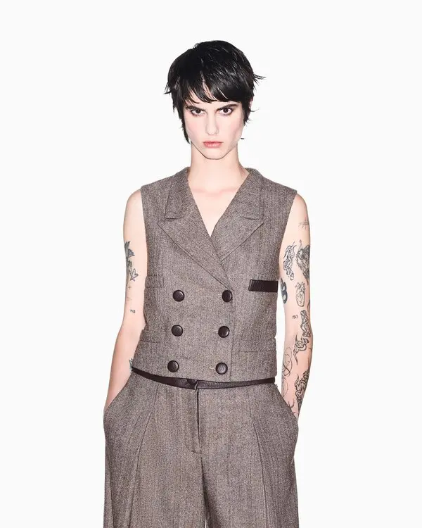 Armani Exchange Double Breasted Waistcoat In Herringbone Virgin Wool And Silk Blend
