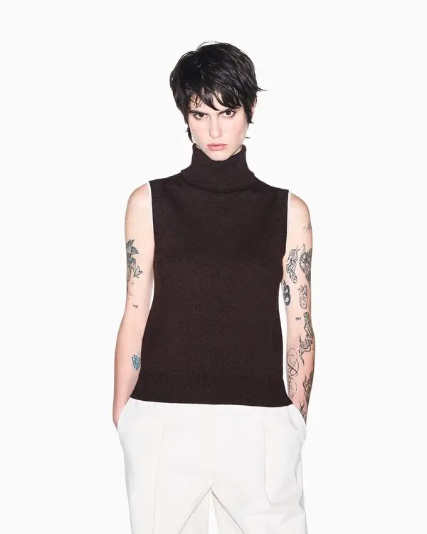 Armani Exchange Slim Fit Knit Top In Viscose Wool And Cashmere - Brown