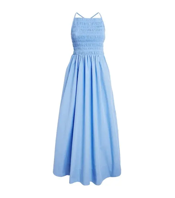 GANNI Organic Cotton Shirred Maxi Dress - Blue