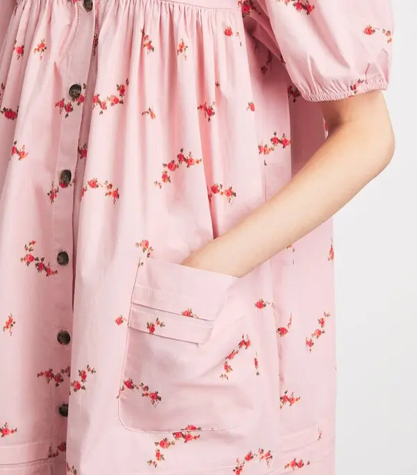 GANNI Cotton Blend Floral Mini Dress With Ruffled Sleeves