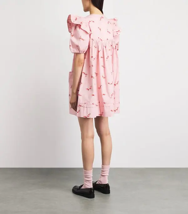 GANNI Cotton Blend Floral Mini Dress With Ruffled Sleeves