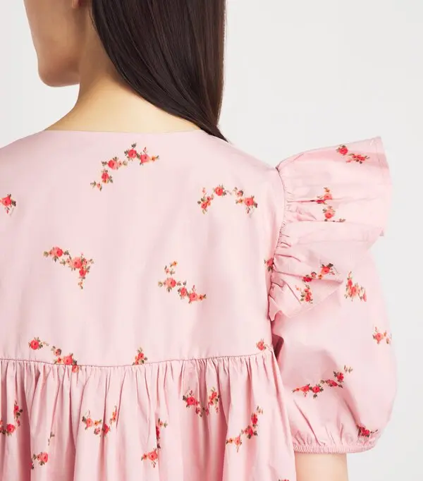 GANNI Cotton Blend Floral Mini Dress With Ruffled Sleeves