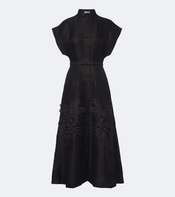LEO LIN Aubrey Floral-appliqué Linen-blend Midi Dress