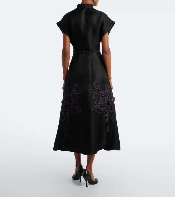 LEO LIN Aubrey Floral-appliqué Linen-blend Midi Dress