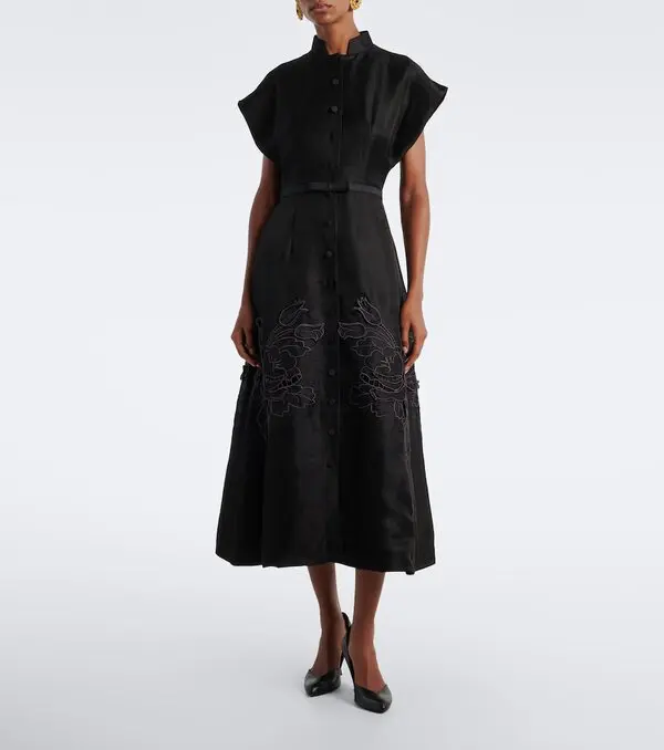 LEO LIN Aubrey Floral-appliqué Linen-blend Midi Dress