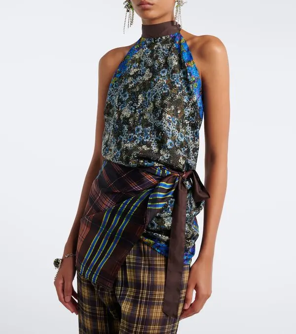 Dries Van Noten Printed Halterneck Silk Twill Top
