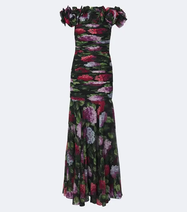 Carolina Herrera Floral-applique Floral Draped Silk Gown