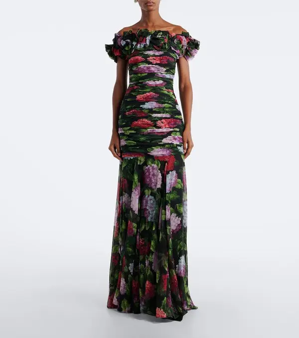 Carolina Herrera Floral-applique Floral Draped Silk Gown