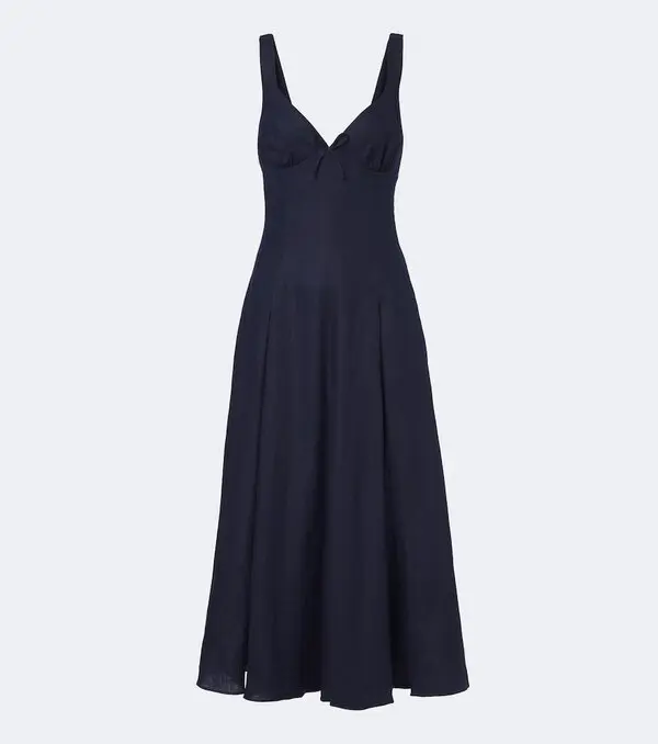 Faithfull The Brand Adalee Pleated Shirred Linen Midi Dress - Blue