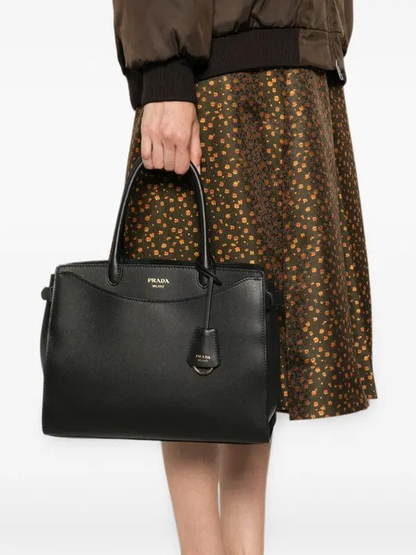 Prada Large Leather Tote With Gold-tone Hardware - Black