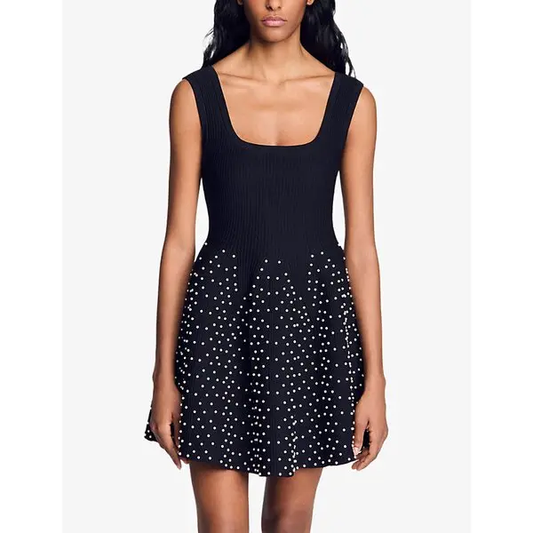 Sandro Beaded Contrast-skirt Knitted Mini Dress