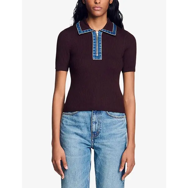 Sandro Contrast-collar Slim-fit Wool-blend Jumper