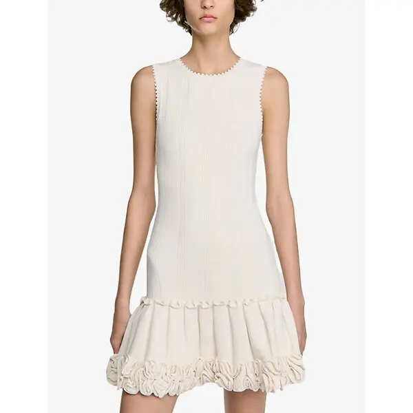Sandro Floral-embellished Pleated-hem Knitted Mini Dress