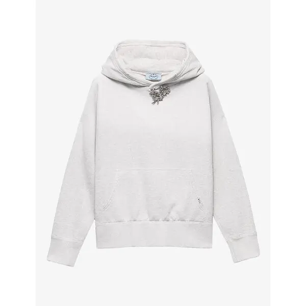 Prada Jewel Brooch Cotton-jersey Hoodie - Grey