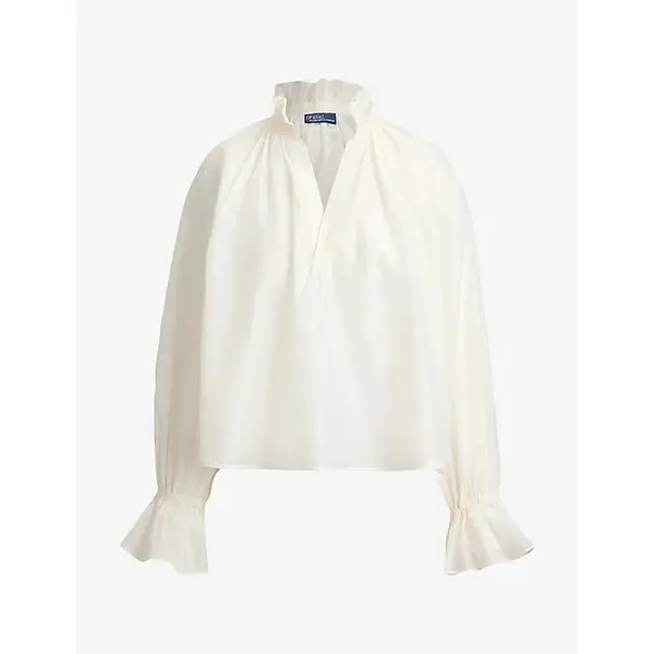 Polo Ralph Lauren V-neck Frilled Cotton And Silk Shirt - White