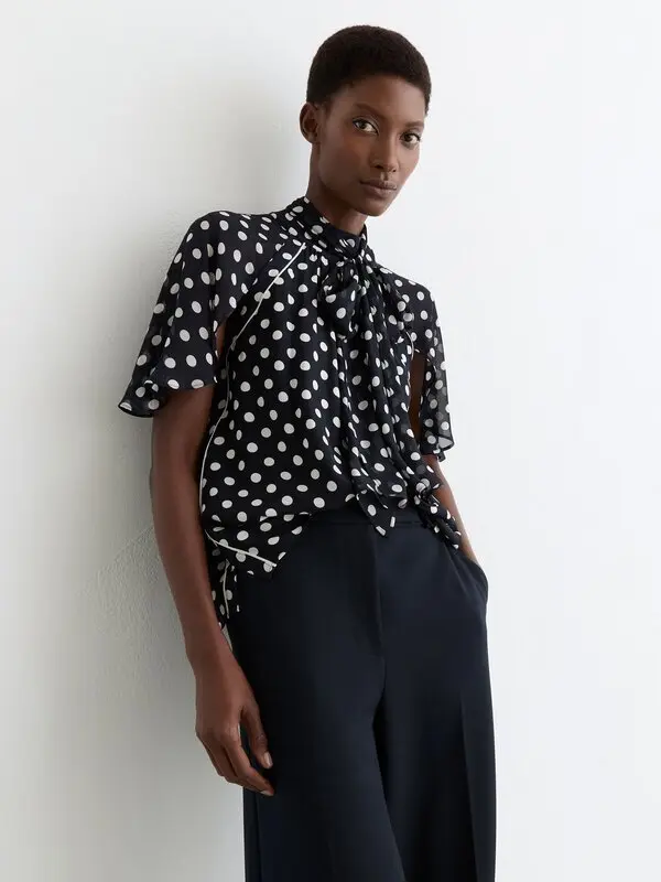REISS Polka-dot Tie-neck Blouse