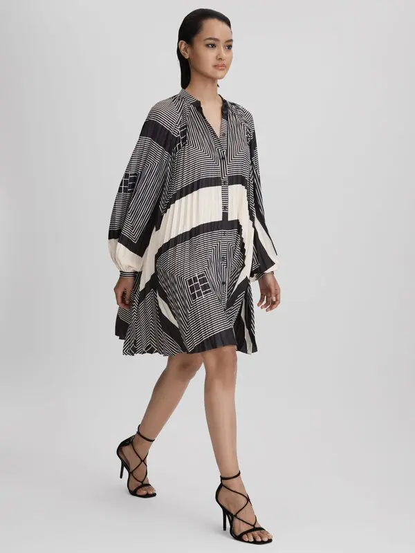 REISS Printed Pleated Mini Dress