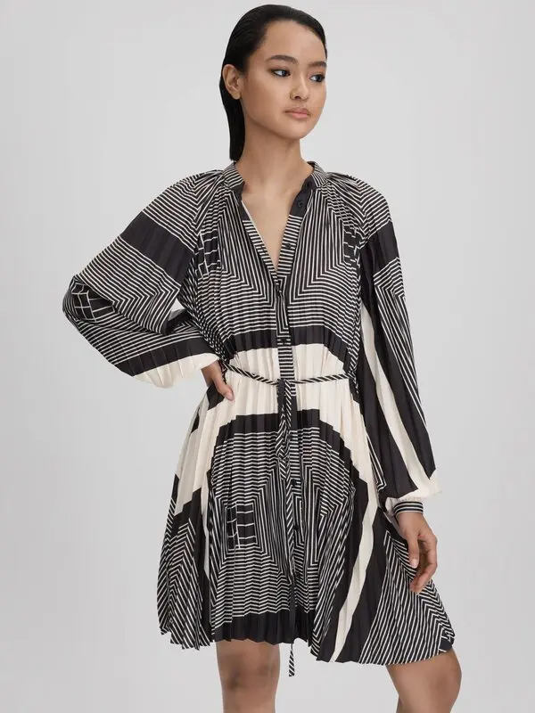 REISS Printed Pleated Mini Dress
