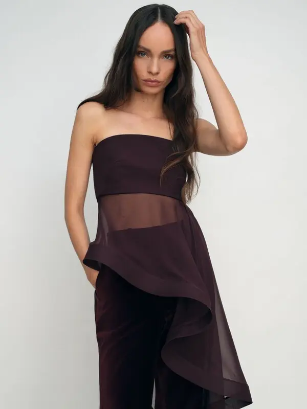 REISS Rhianna Silk Asymmetric Ruffle Bandeau Top - Burgundy