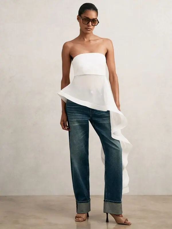 REISS Silk Asymmetric-ruffle Bandeau Top
