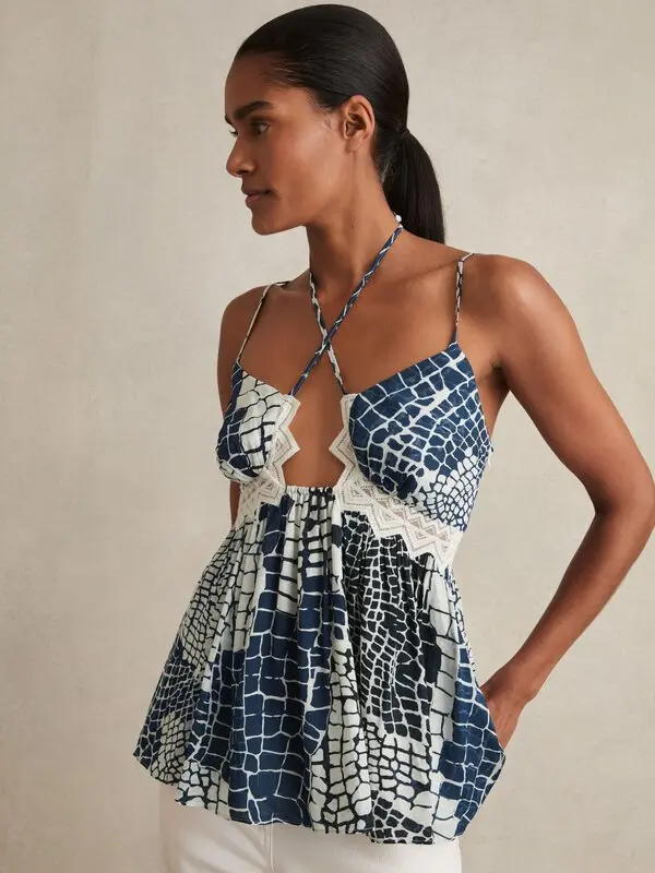 REISS Animal Print Lace Trim Cami Top