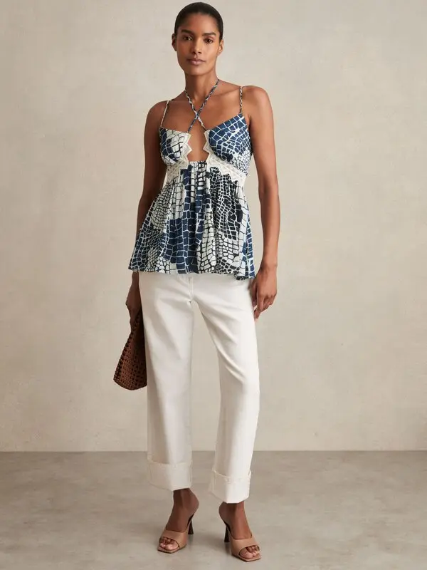 REISS Animal Print Lace Trim Cami Top