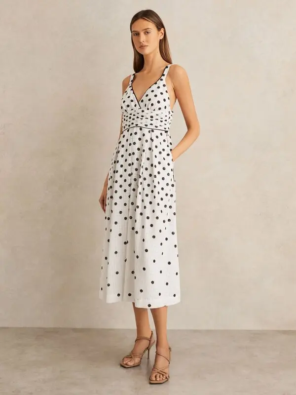REISS Black & White Polka Dot Midi Dress - Black/white