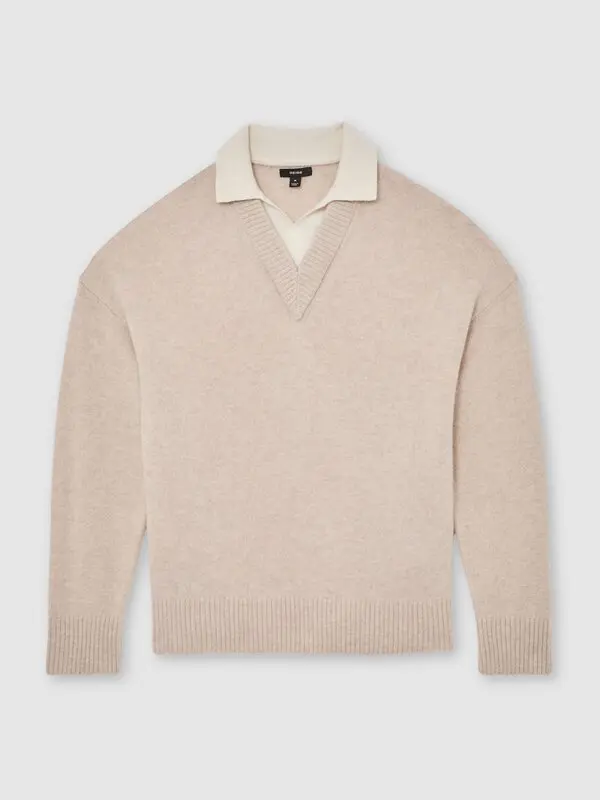 REISS Wool V-neck Contrast-collar Jumper - Oatmeal