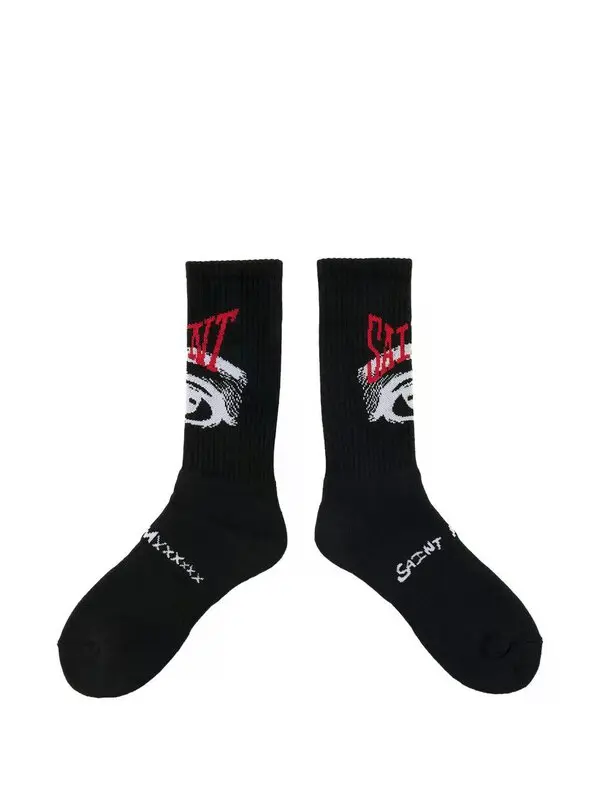 SAINT MXXXXXX Ribbed Crew Socks With Graphic Print - Black