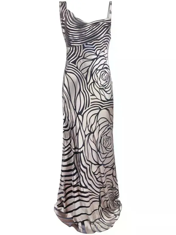 Alberta Ferretti Rose-print Asymmetric Sleeveless Gown