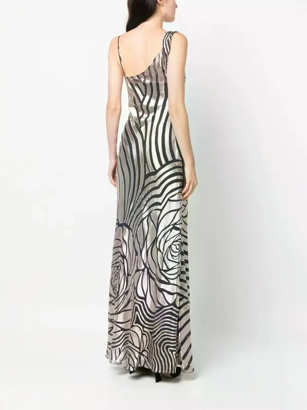 Alberta Ferretti Rose-print Asymmetric Sleeveless Gown