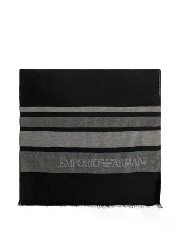 Emporio Armani Stole In Striped Modal And Viscose With Delicate Fringe - Black