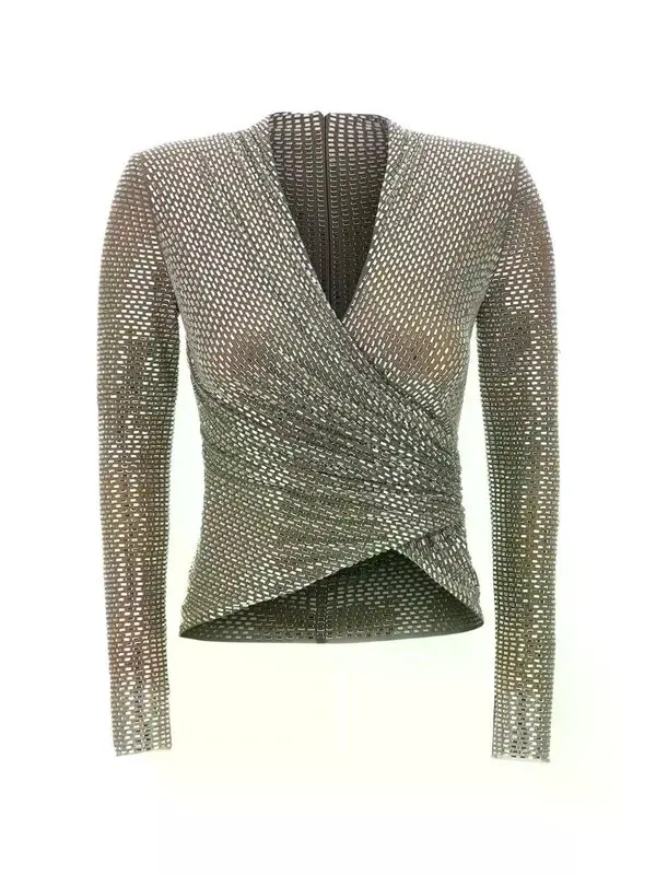 SELF-PORTRAIT Grey Rhinestone Mesh Wrap Top - Silver