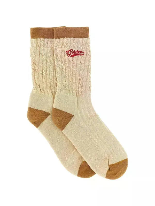 GOLDEN GOOSE Beige Ribbed Socks With Brown Accents And Red Embroidered Logo - Neutrals