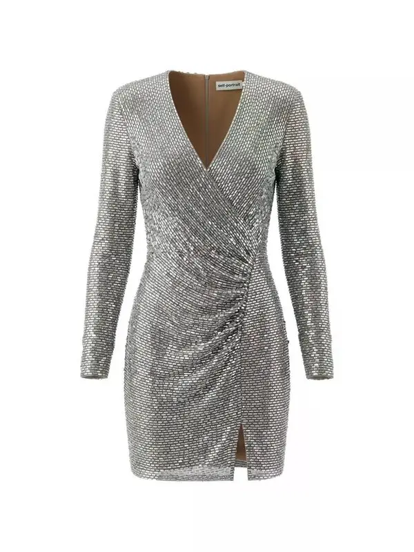 SELF-PORTRAIT Rhinestone-embellished Wrap-style Dress - Silver
