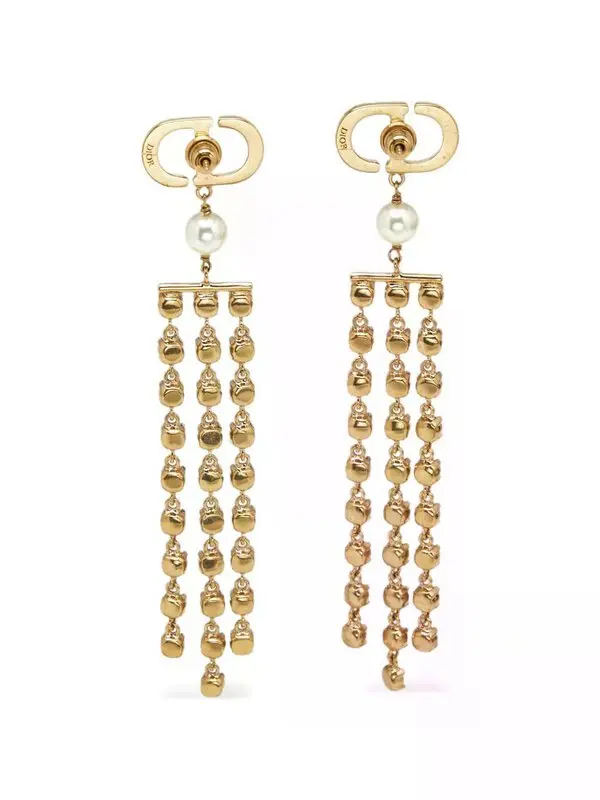 Dior Tone Crystal And Faux Pearl Fringe Drop Earrings