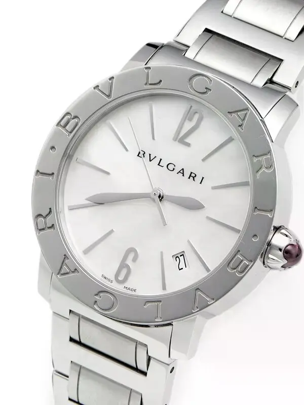 BVLGARI 37mm Engraved Bezel Watch With Mother-of-pearl Dial - White