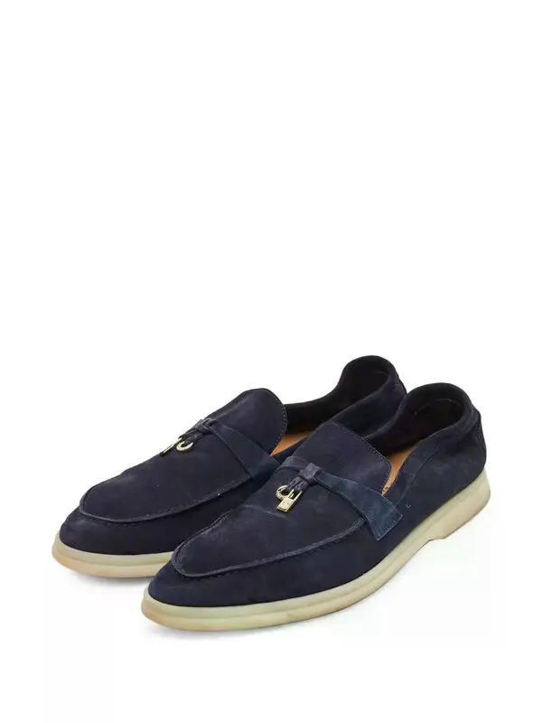 Loro Piana Navy Suede Loafers With Gold-tone Logo Charms - Blue