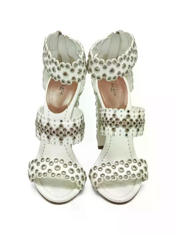 Alaïa Leather Scalloped Grommet Heeled Sandals