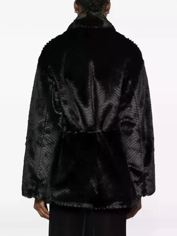 FORTE_FORTE Chevron Patterned Belted Faux Fur Coat