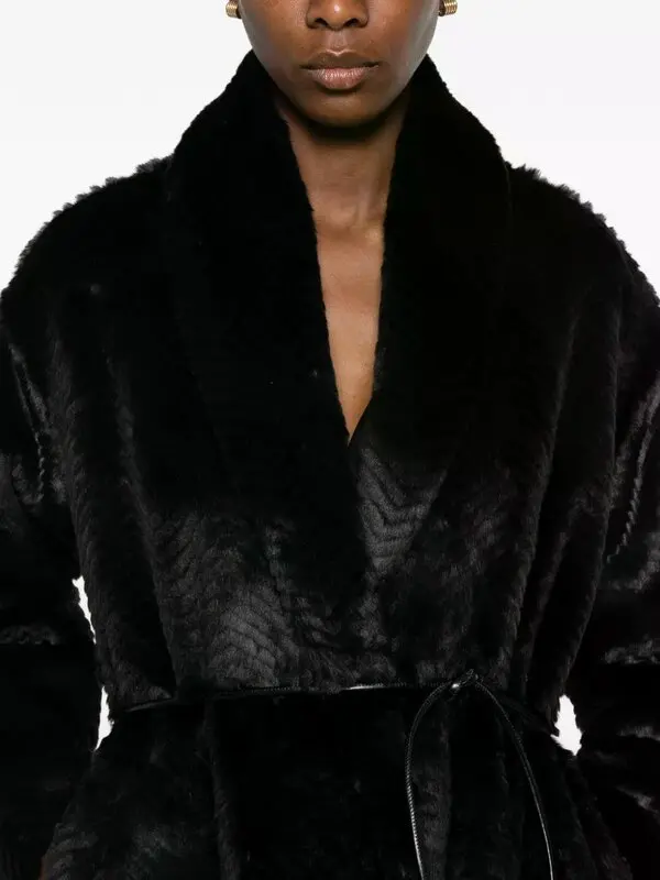 FORTE_FORTE Chevron Patterned Belted Faux Fur Coat