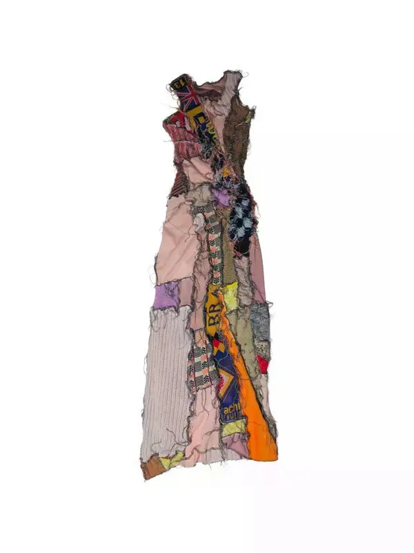 BORBALA Patchwork Frayed-edge Asymmetric Dress