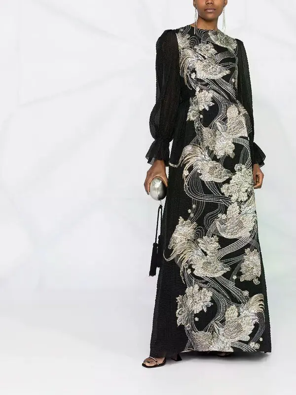 Alberta Ferretti Appliquéd Poet-sleeve Gown - Black