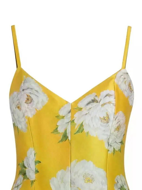 Alice + Olivia Isabelle Mini Dress Floral Print Satin V-neck - Yellow