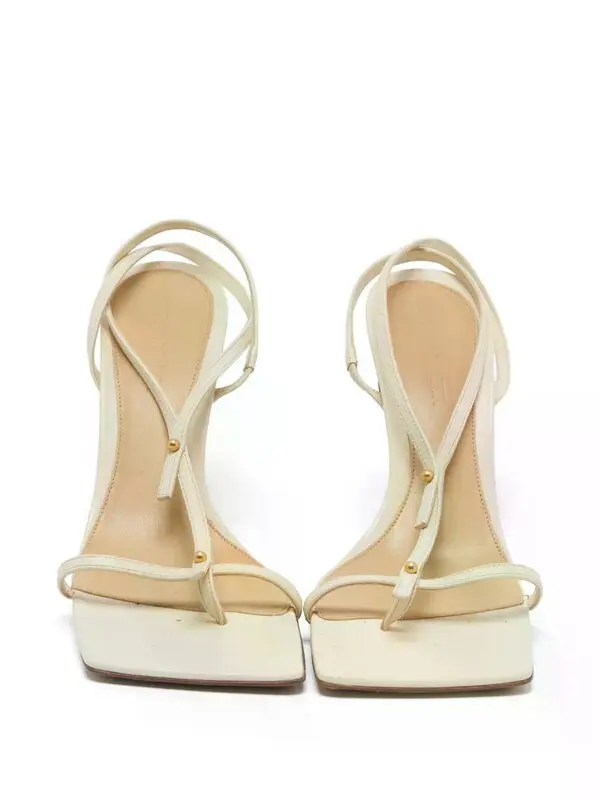 Bottega Veneta Cream Leather Square Toe T-strap Heeled Sandals